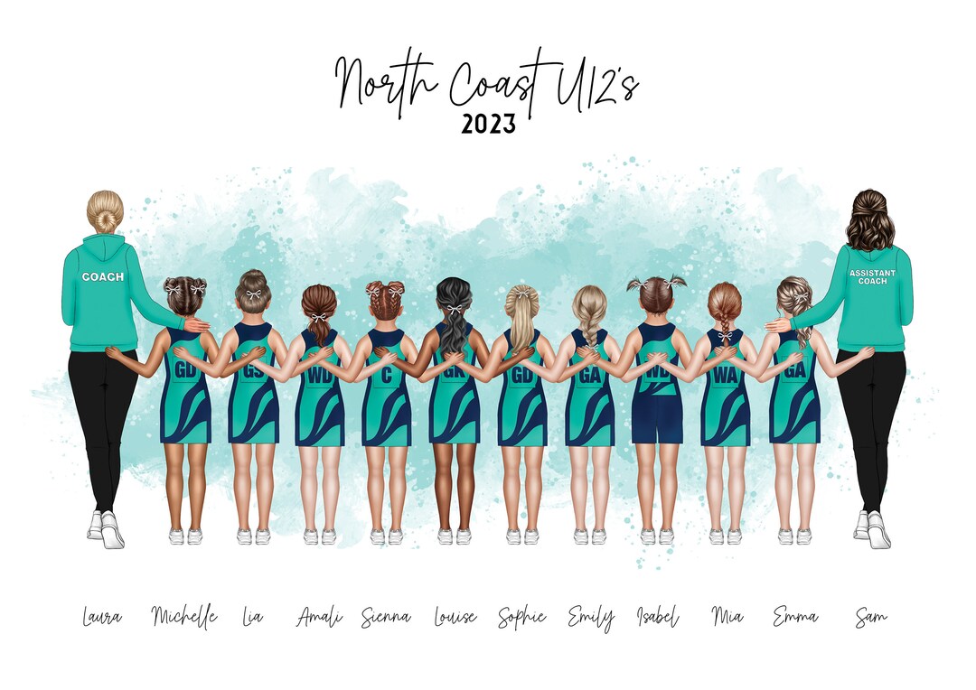 12 Person Child Personalised Netball Team Portrait Custom Coach Gift ...