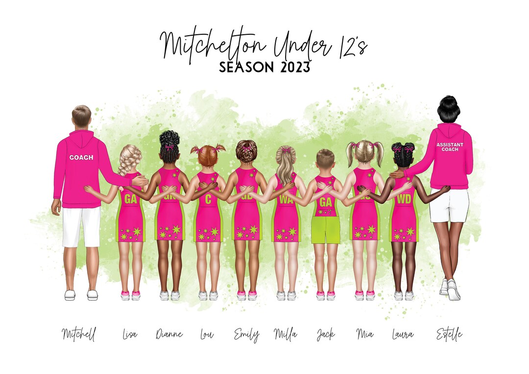 10 Person Child Personalised Netball Team Portrait Custom Coach Gift ...
