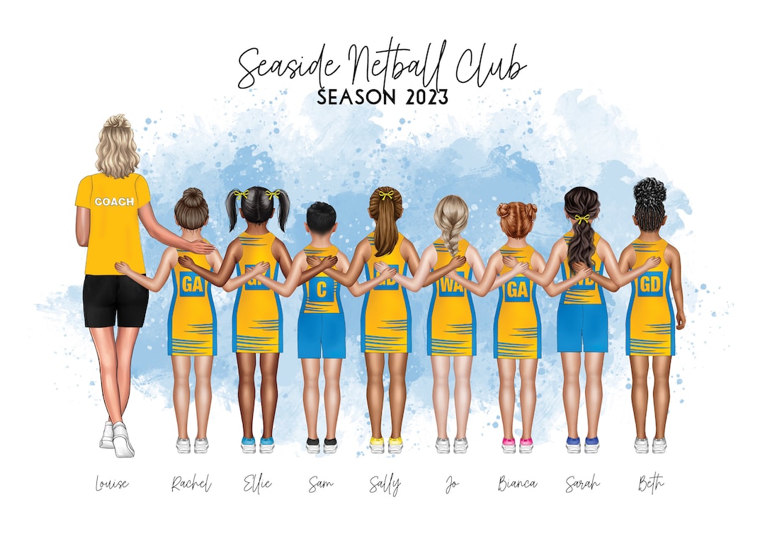 9 Person Child Personalised Netball Team Portrait Custom Coach Gift ...