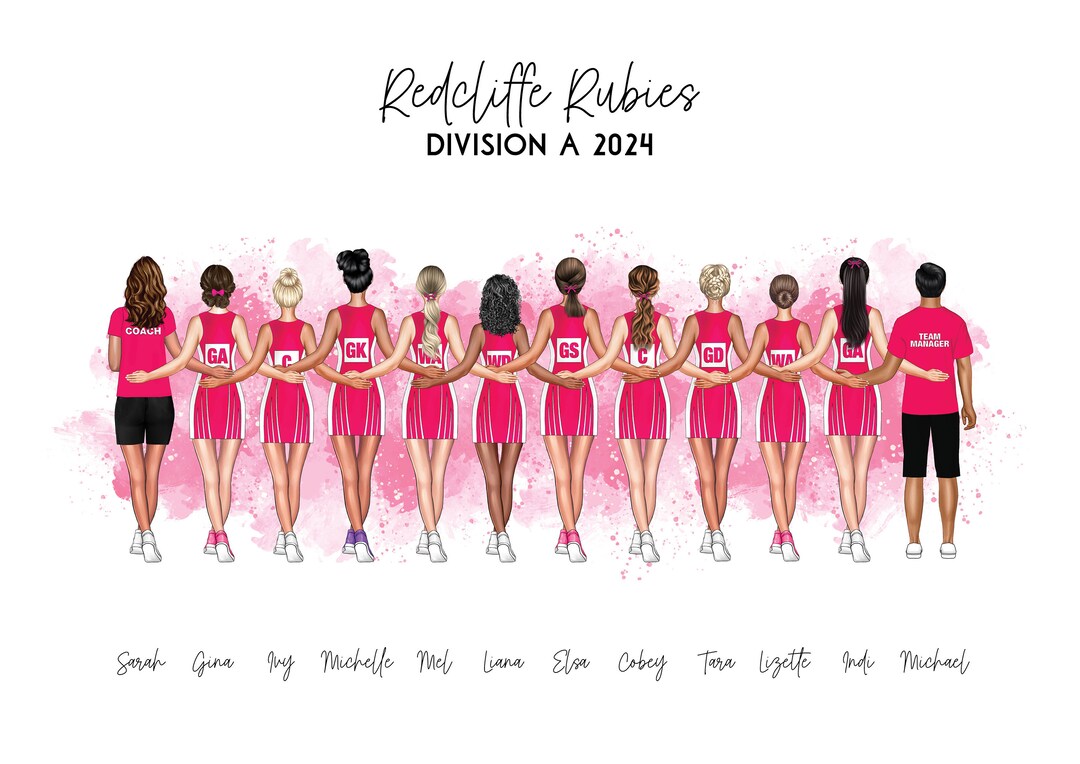 12 Person Personalised Netball Team Portrait Custom Coach Gift ...