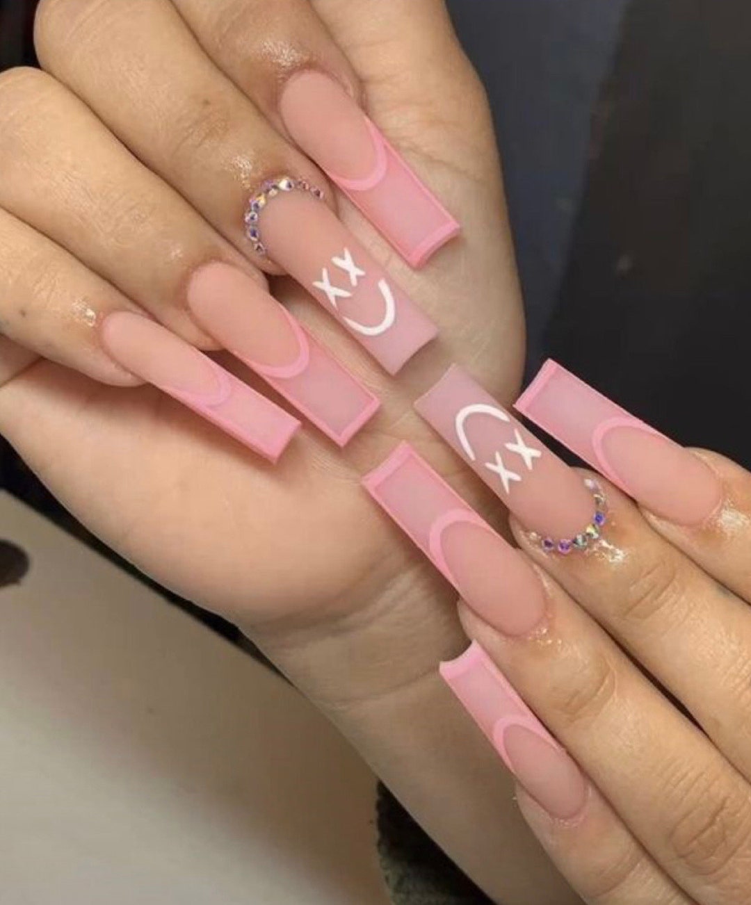 Matte Pastel Pink French Tip Outline Bling Press on Nails| Nude Nails ...