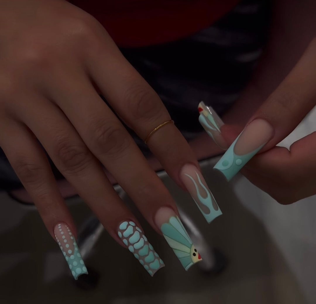 Blue Mismatch Press on Nails|nude Press on Nails| Long Nails|french Tip ...