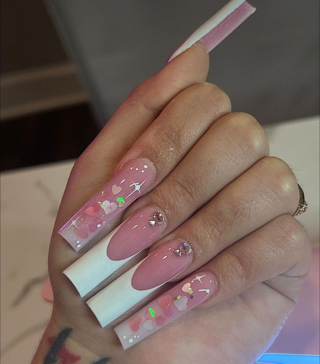 Pink and White Heart French Tip Press on Nails| Valentines Nails|long ...