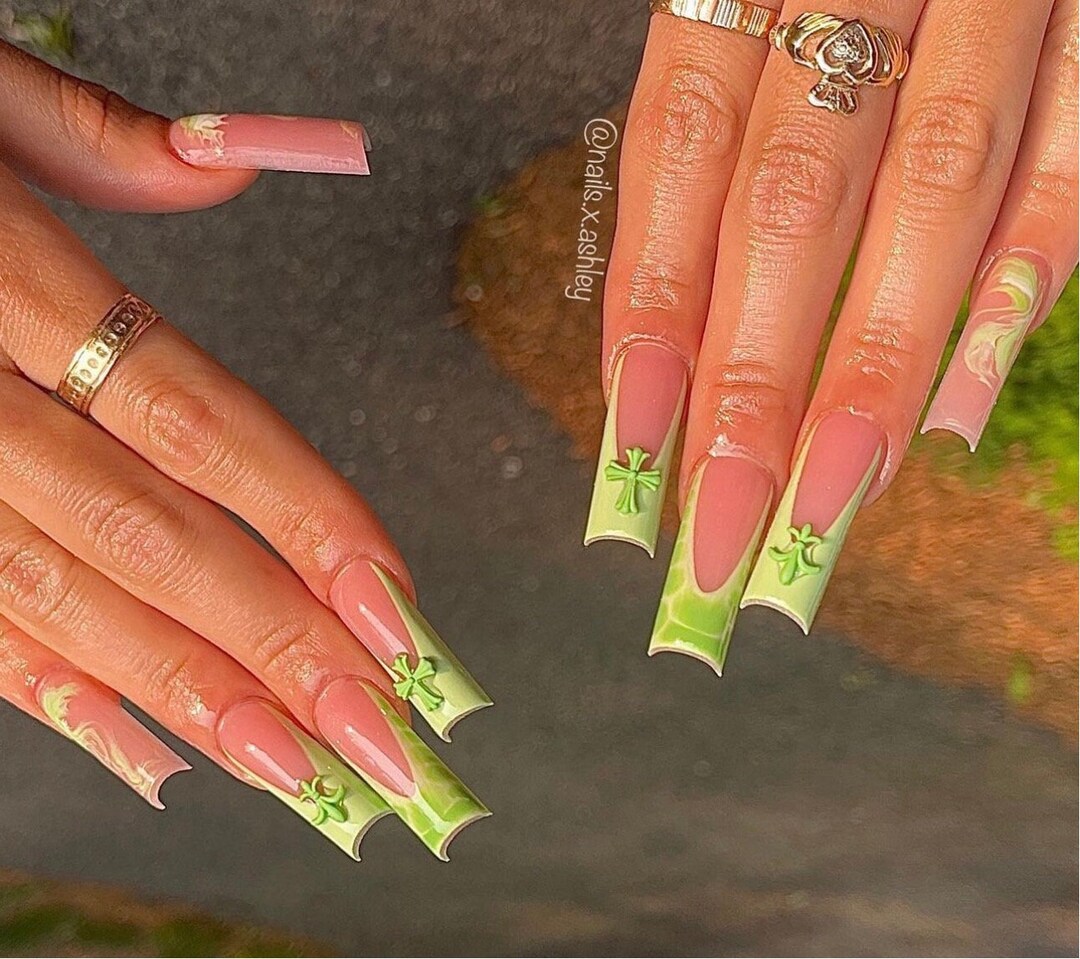 3D Green Croc French Tip Press on Nails + Charms|press on Nails|long ...