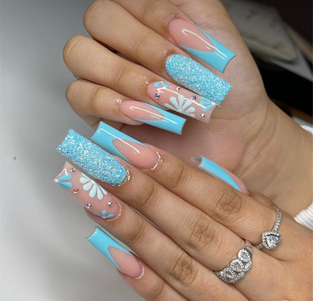 Blue French Tip With Colorful Spring Flowers Press on Nailsnude ...