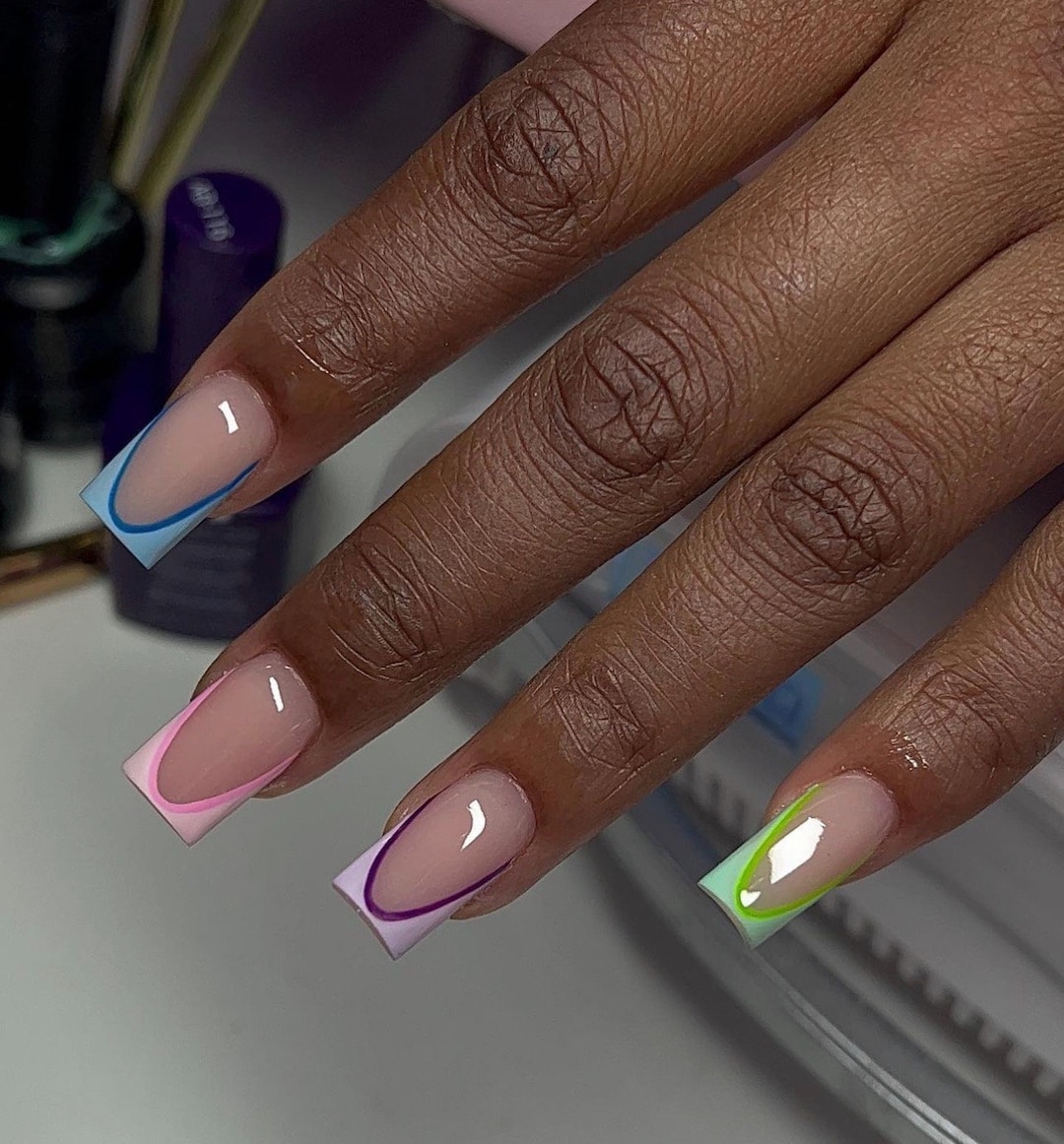 Pastel Spring French Tip Outline Press on Nails Nude Nailslong ...