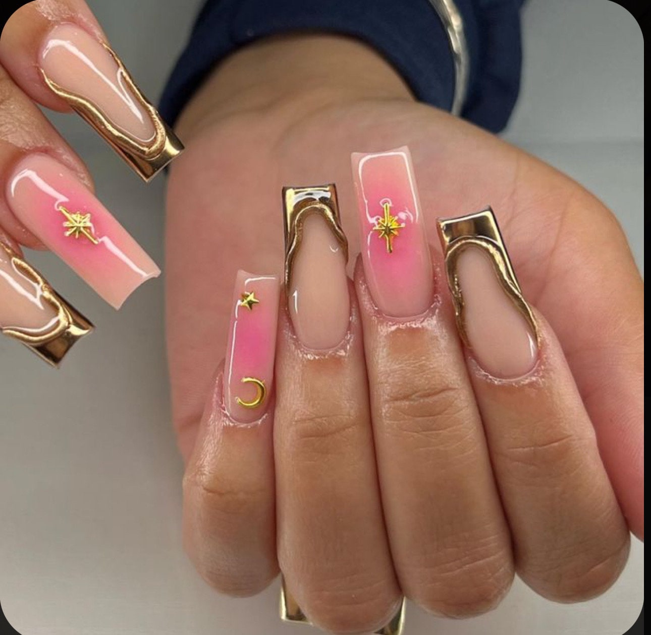 3D Gold Chrome + Pink Airbrush Charm Drippy Press on Nails|chrome Nails ...