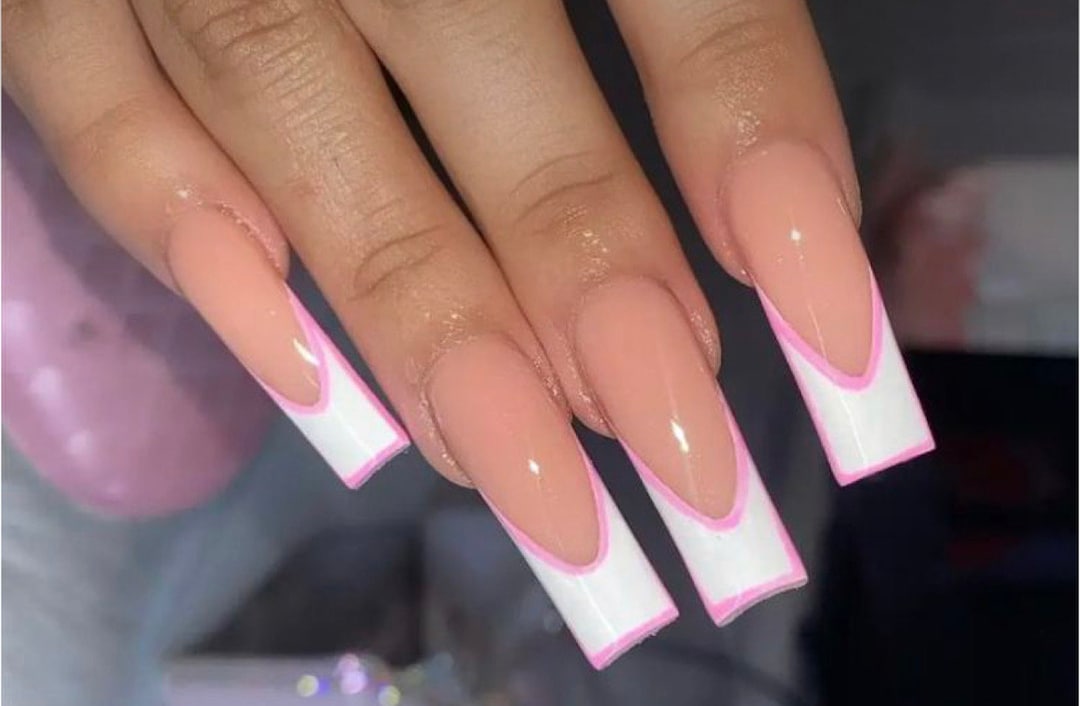 White French Tip With Pink Outline Press on Nails| Long Nails| French ...