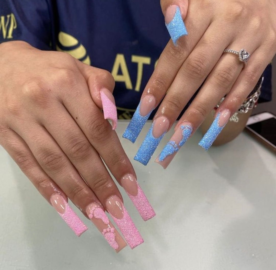 Pink and Blue Gender Reveal Glitter French Tip Press on Nails| Baby ...