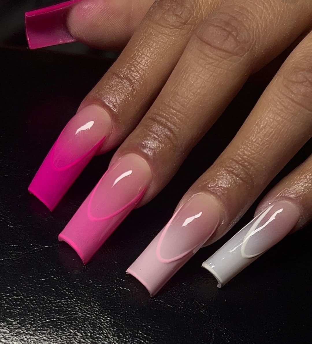 Pink Gradient Ombré French Tip Outline Press on Nails|pink Nails|french ...