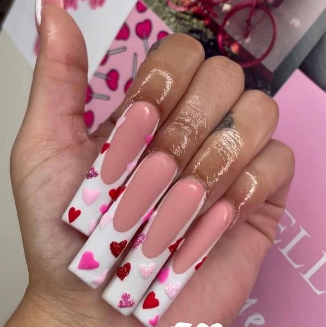 Matte White French Tip Red and Pink 3D Glitter Heart Press on Nails ...