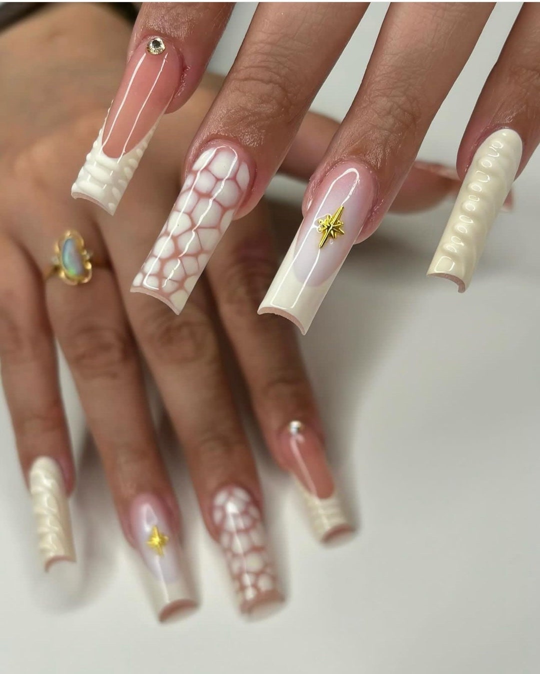 3D Croc Nude & Cream French Tip Press on Nails|nude Nails|croc Nails ...