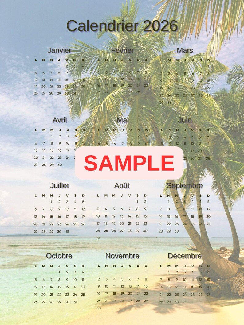 2026 Printable Calendar – Beach Landscape, All Year on One Page, Letter ...