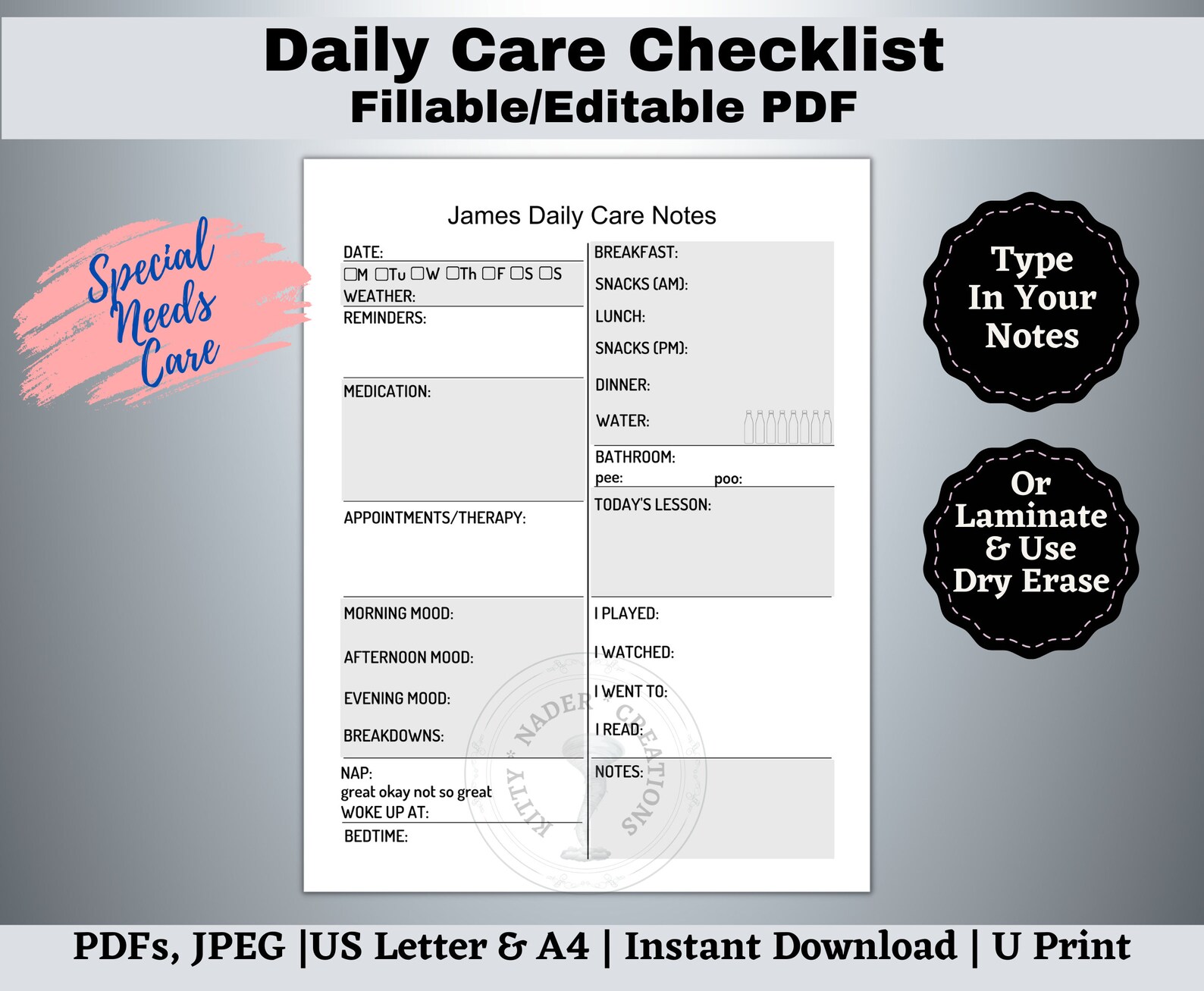 Autism Daily Care Notes PRINTABLE Reusable Caretaker Tracker - Etsy