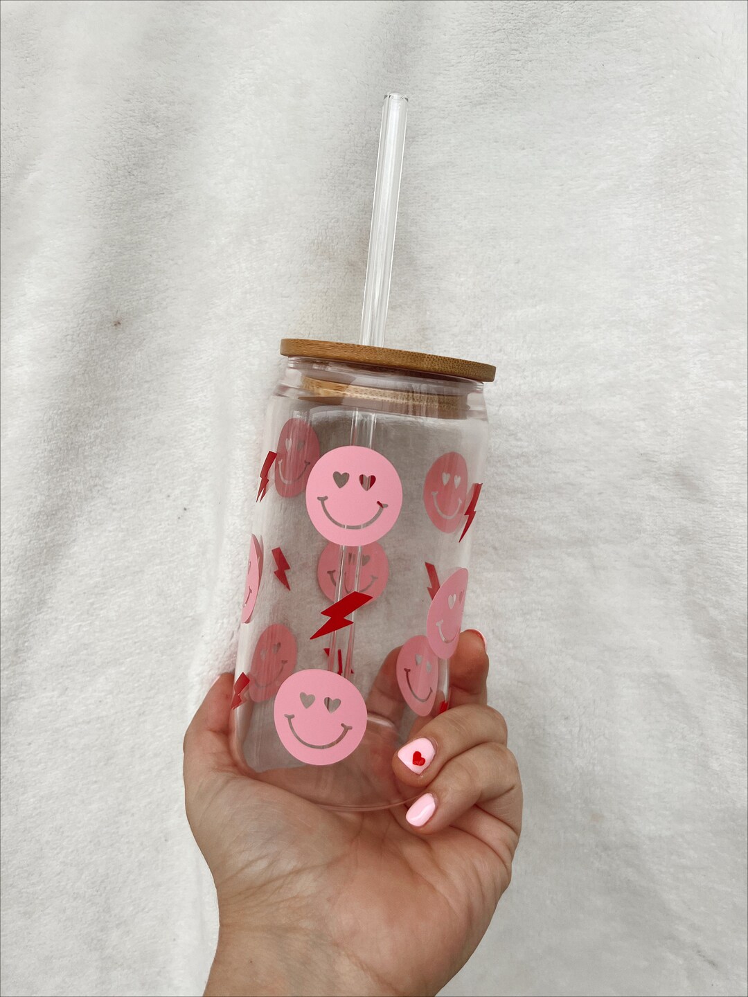 RETRO SMILEY Face + Lightening Bolt Glass Cup || Tumbler || Glass Cup ...