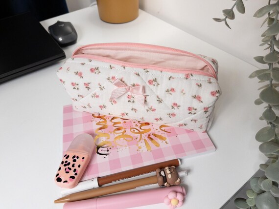 Quilted Floral Pencil Case With Pink Bow Cute Stationery Organizer School Supplies Etsy UK