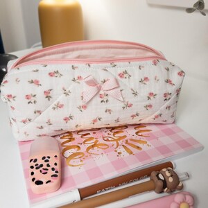 Quilted Floral Pencil Case With Pink Bow – Cute Stationery Organizer ...