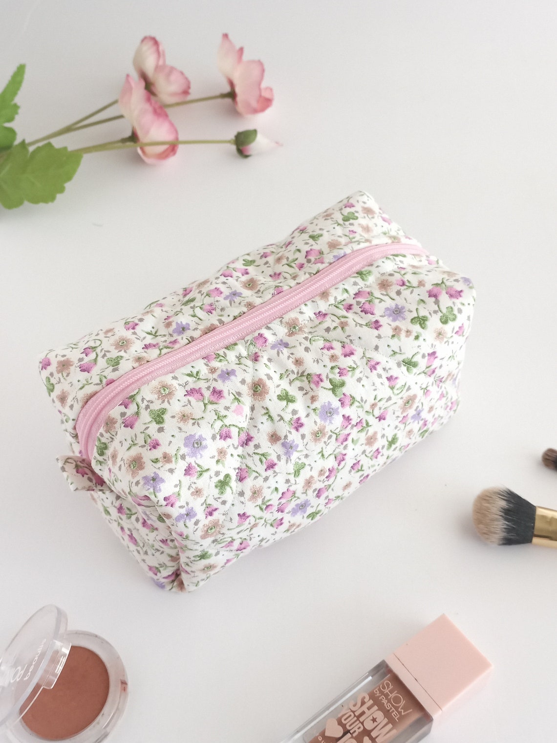 Floral Makeup Bag Quilted Cotton Cosmetic Bag Toiletry Bag Etsy