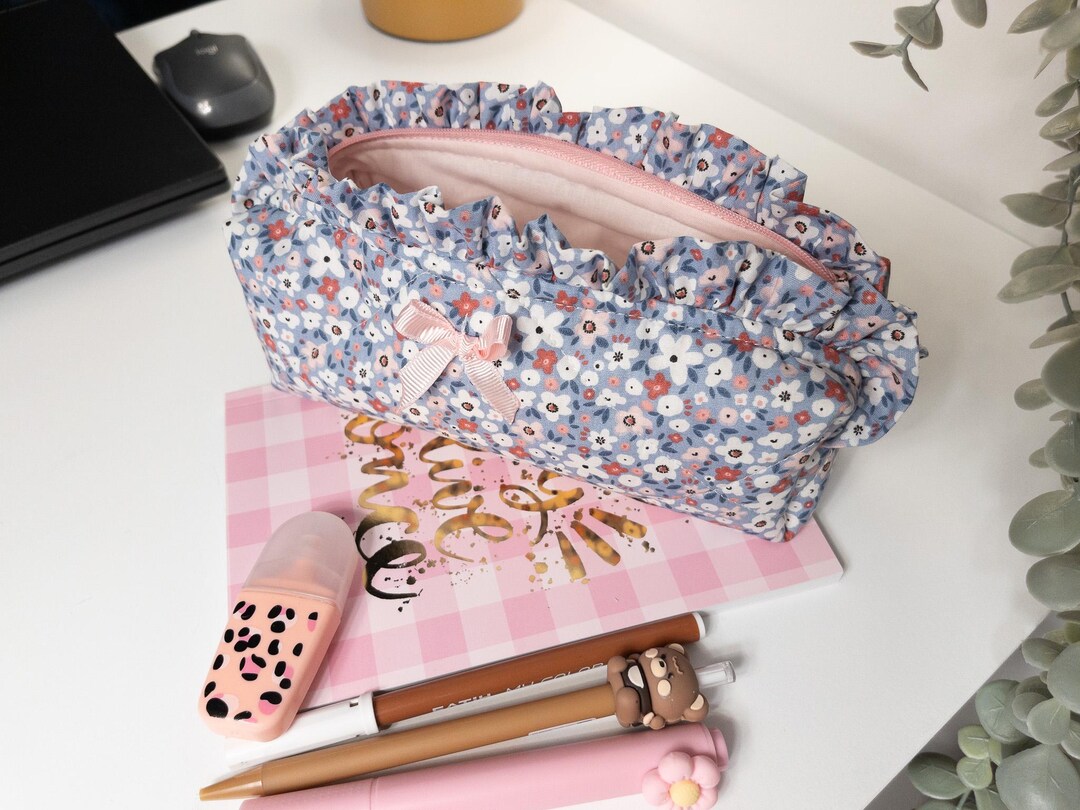 Floral Ruffle Pencil Case With Pink Bow – Blue Cotton Stationery ...