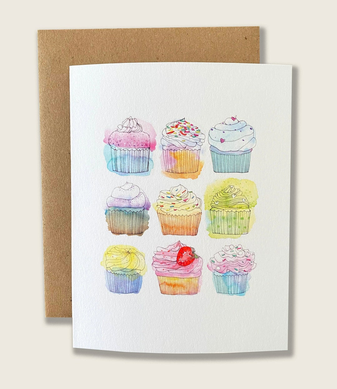 Watercolor Cupcake Birthday Single Card Birthday Card - Etsy