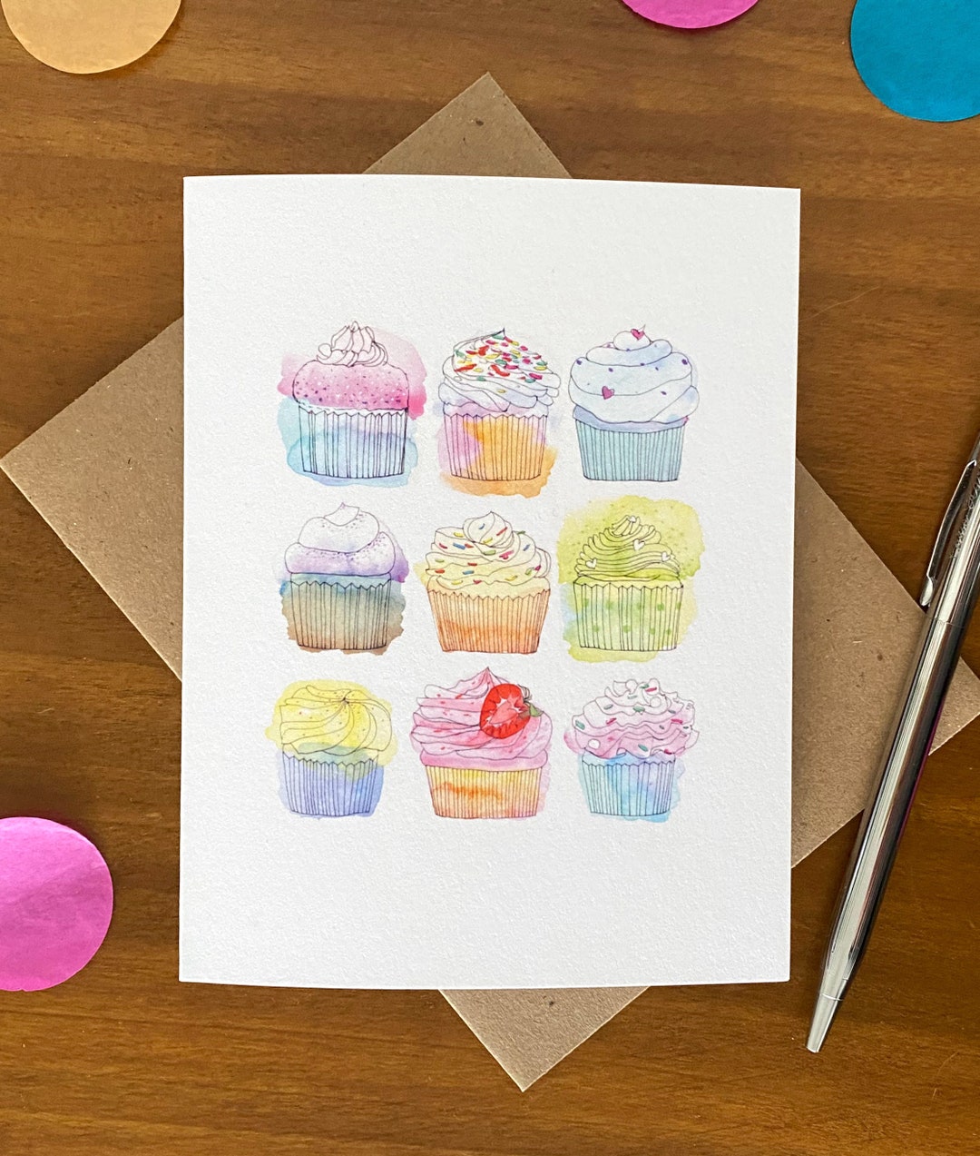 Watercolor Cupcake Birthday Card: Blank Notecard With Kraft Envelope - Etsy