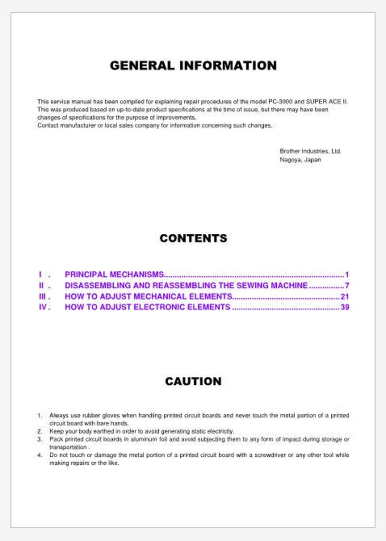 Brother SUPER ACE 2 and PC3000 Adjustment Service Manual and Parts ...