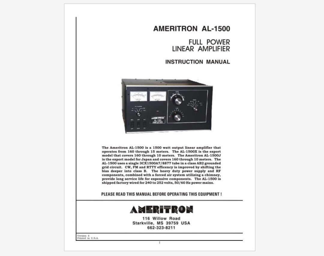 Ameritron AL-1500 Linear Amplifier Instruction Manual Instant Download ...