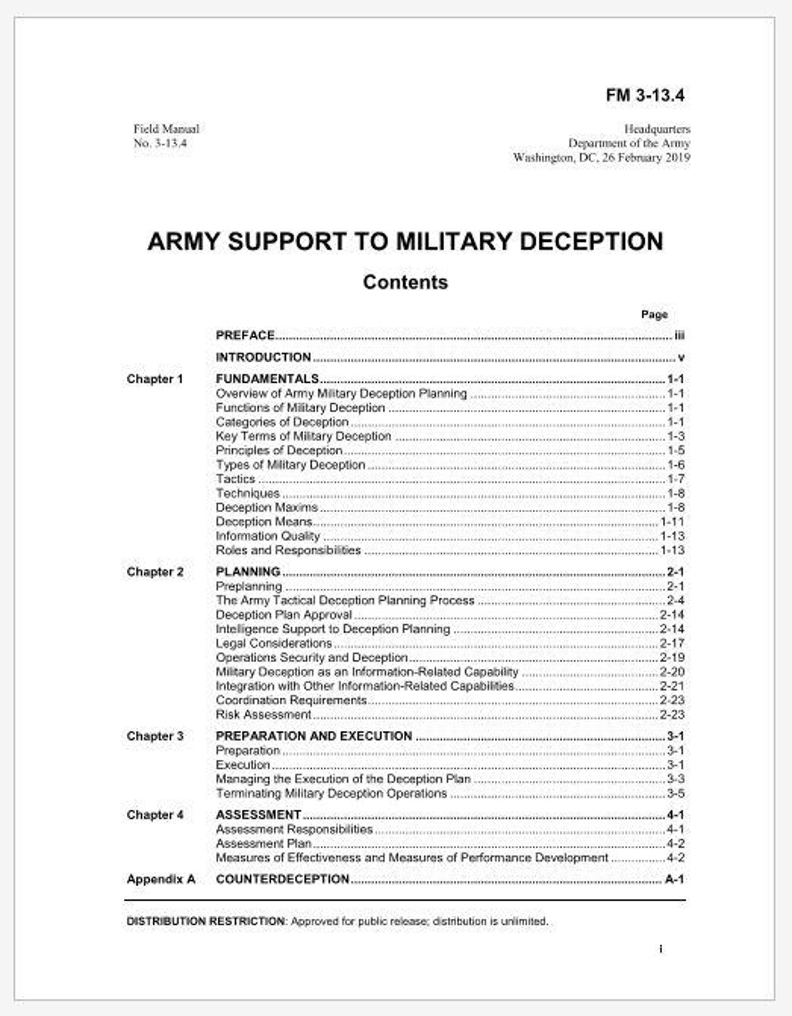 2019 U.S. Army Support to Military Deception Field Manual PDF FM 3-13.4 ...