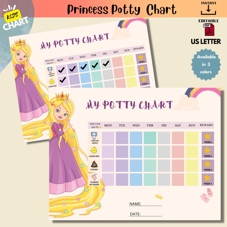 Editable Princess Potty Chartprintable Girl Potty Chartpotty Training ...