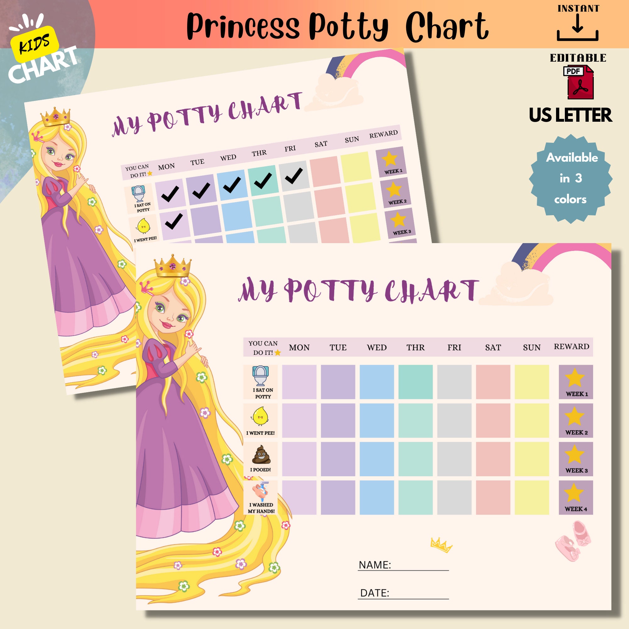 Editable Princess Potty Chartprintable Girl Potty Chartpotty Training ...