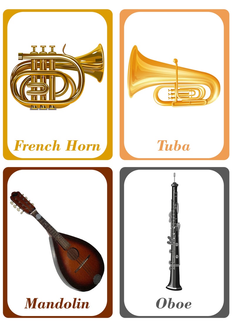 Musical Instruments Flash Cards for Kids - Flute, Guitar, Piano, Drums ...