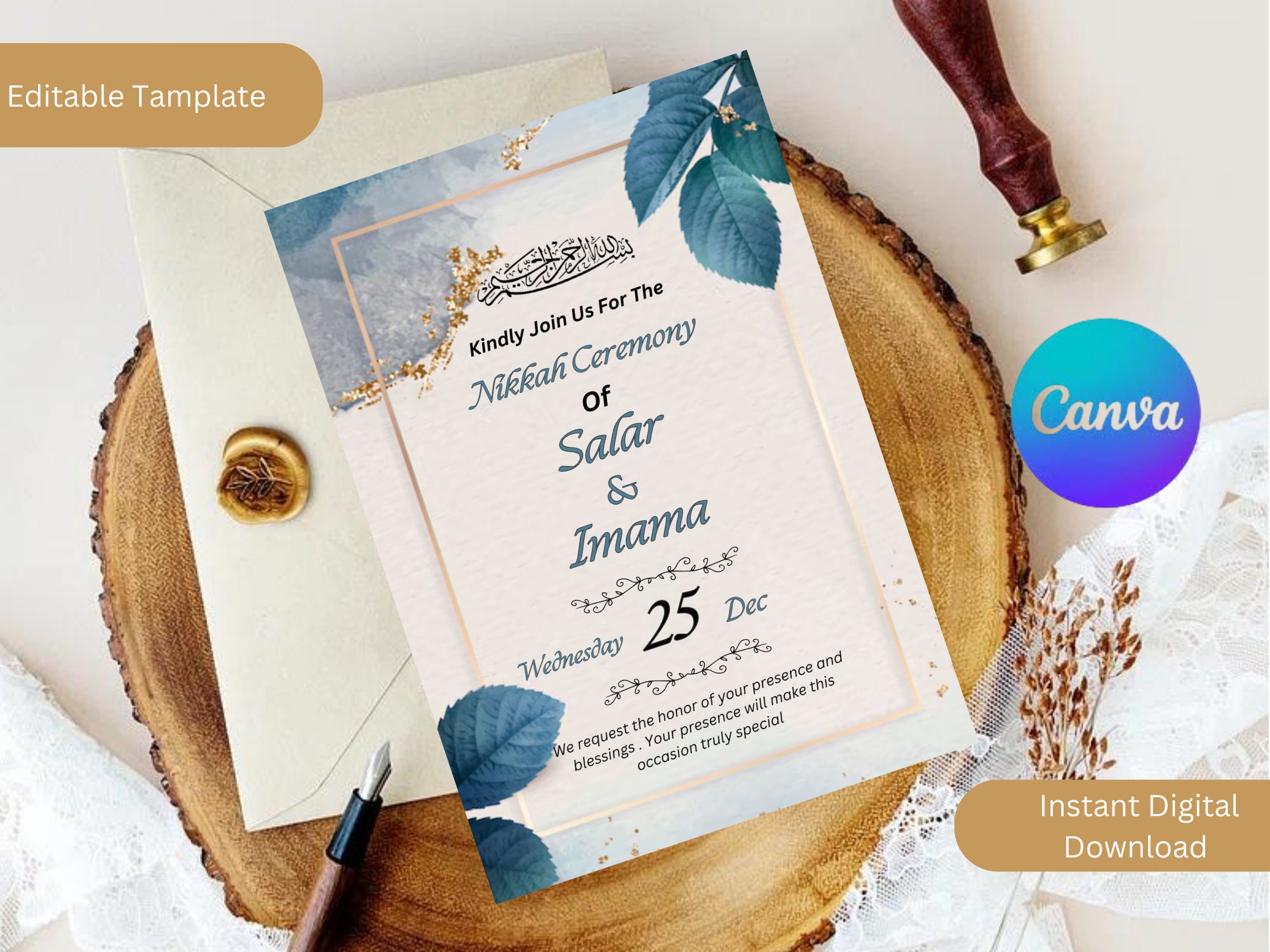 Elegant Nikah Invitation Template | Canva Editable, Islamic Wedding ...