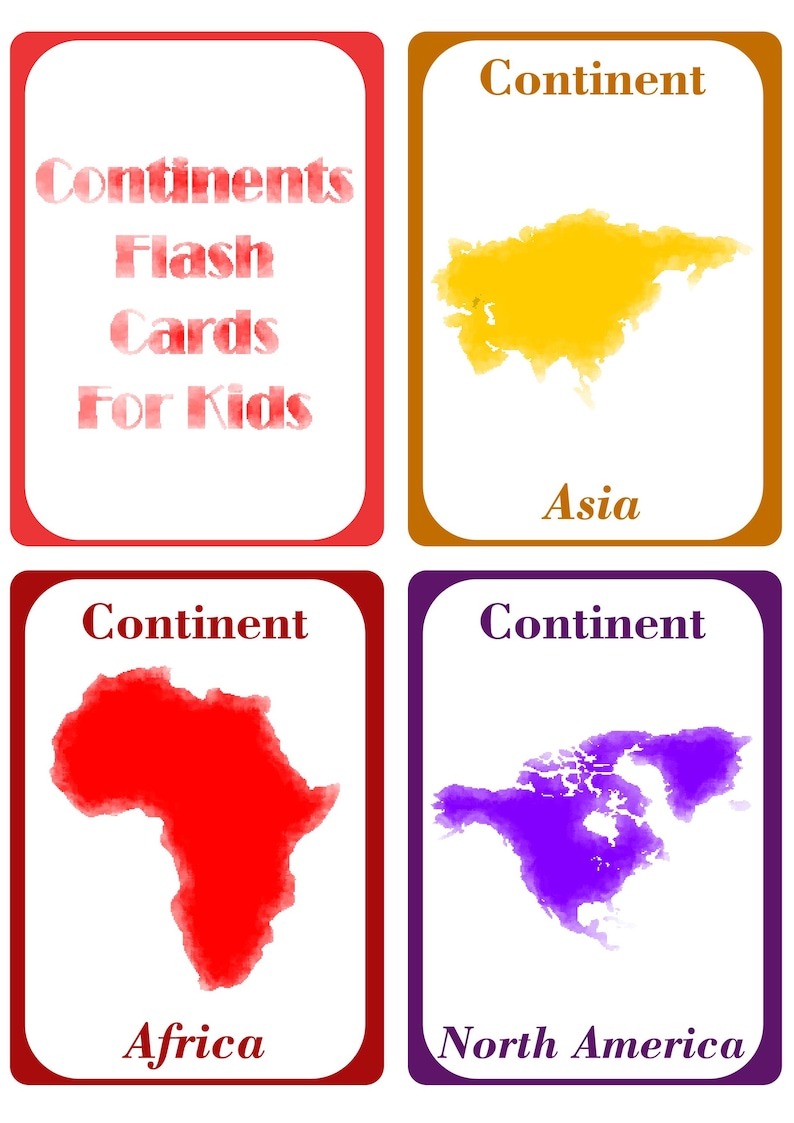 Continents Flash Cards for Kids - PDF and JPG Download - Etsy