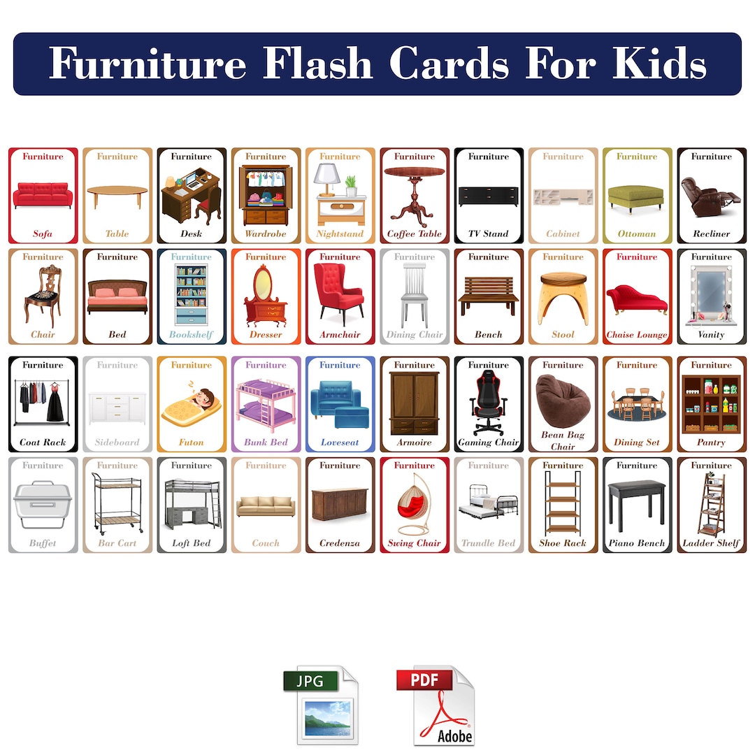 Furniture Flash Cards for Kids - Sofa, Table, Bed, Chair, and More ...