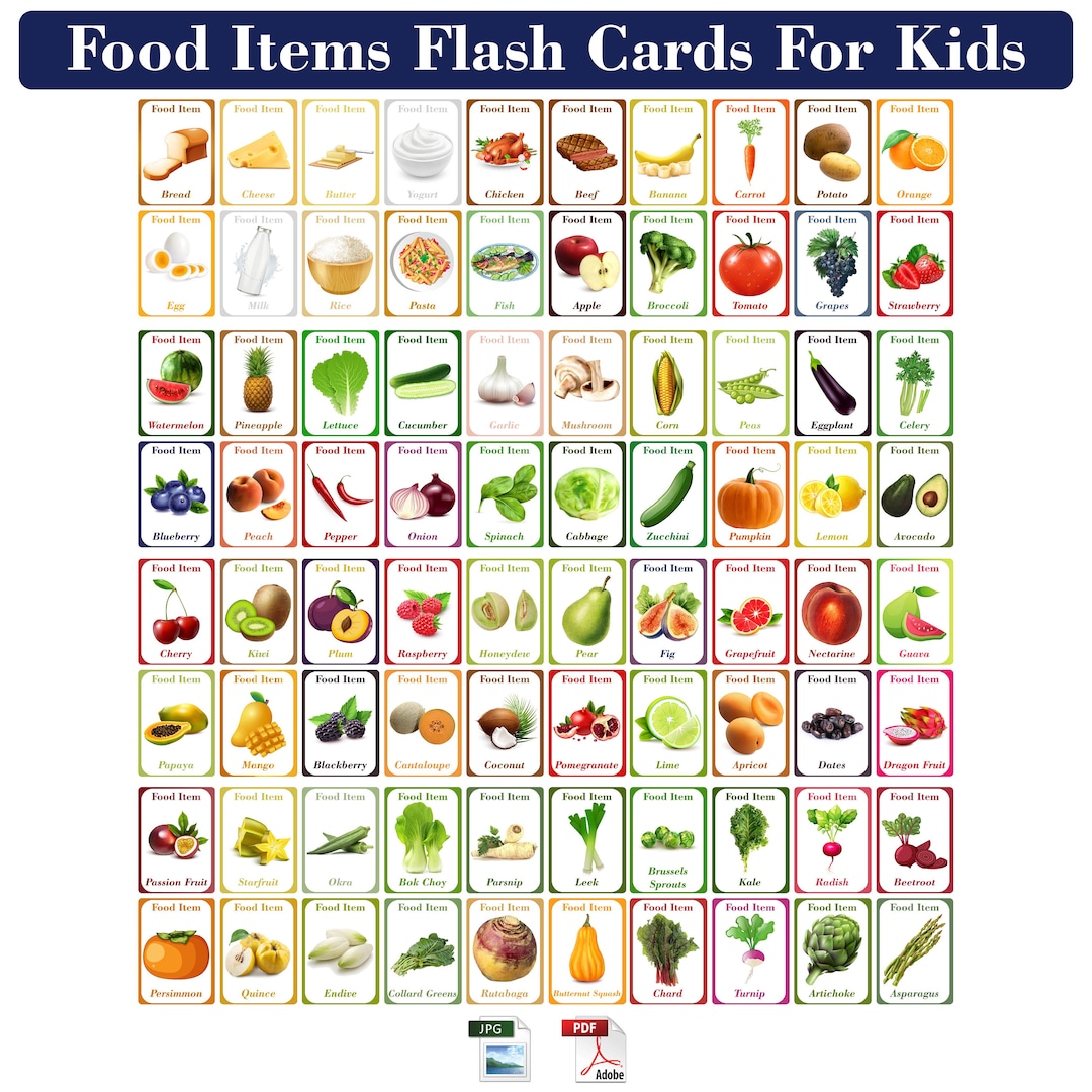 Vegetable Fruit and Food Items Flash Cards for Kids - Learn Food Names ...
