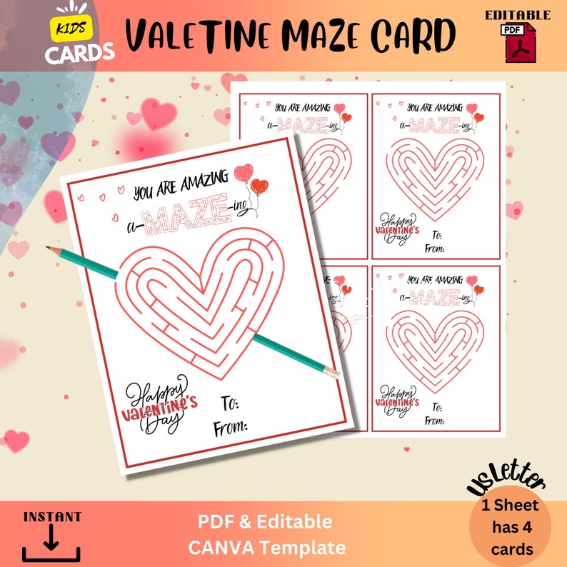 Kids Valentine Maze Card | Printable School Activity (PDF) - Etsy