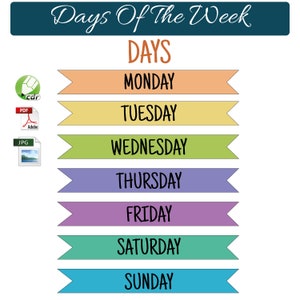 Weekdays Color Poster for Kids Toddlers Printable PDF JPEG and Editable ...