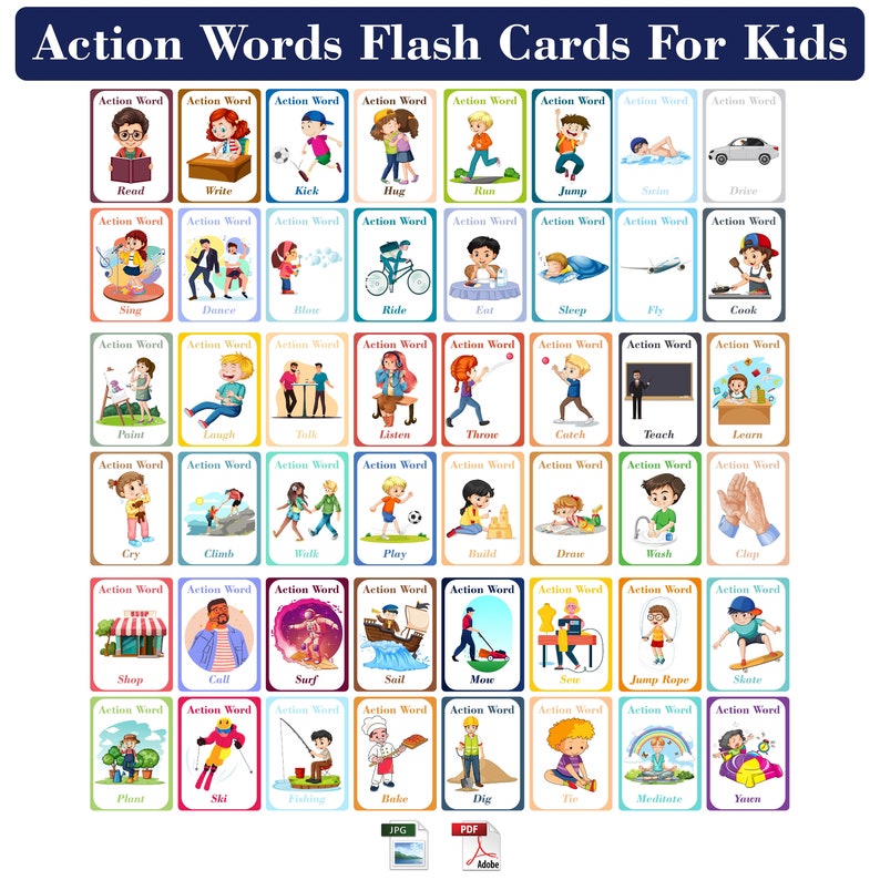 Action Verb Flash Cards – Kids Learning, Printable (JPG & PDF) - Etsy