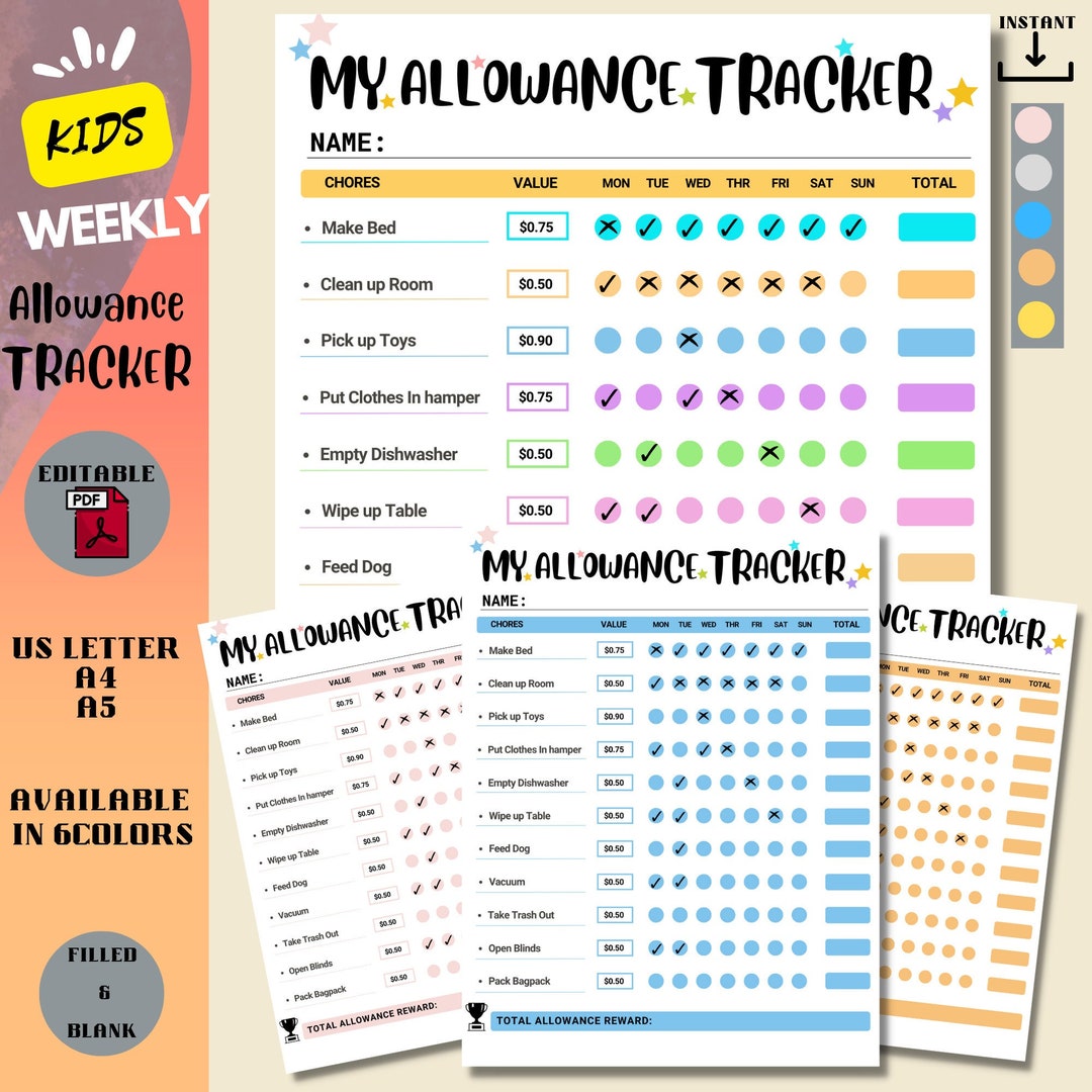 Allowance Tracker | Editable Chore Chart|kid Responsibility Chart ...