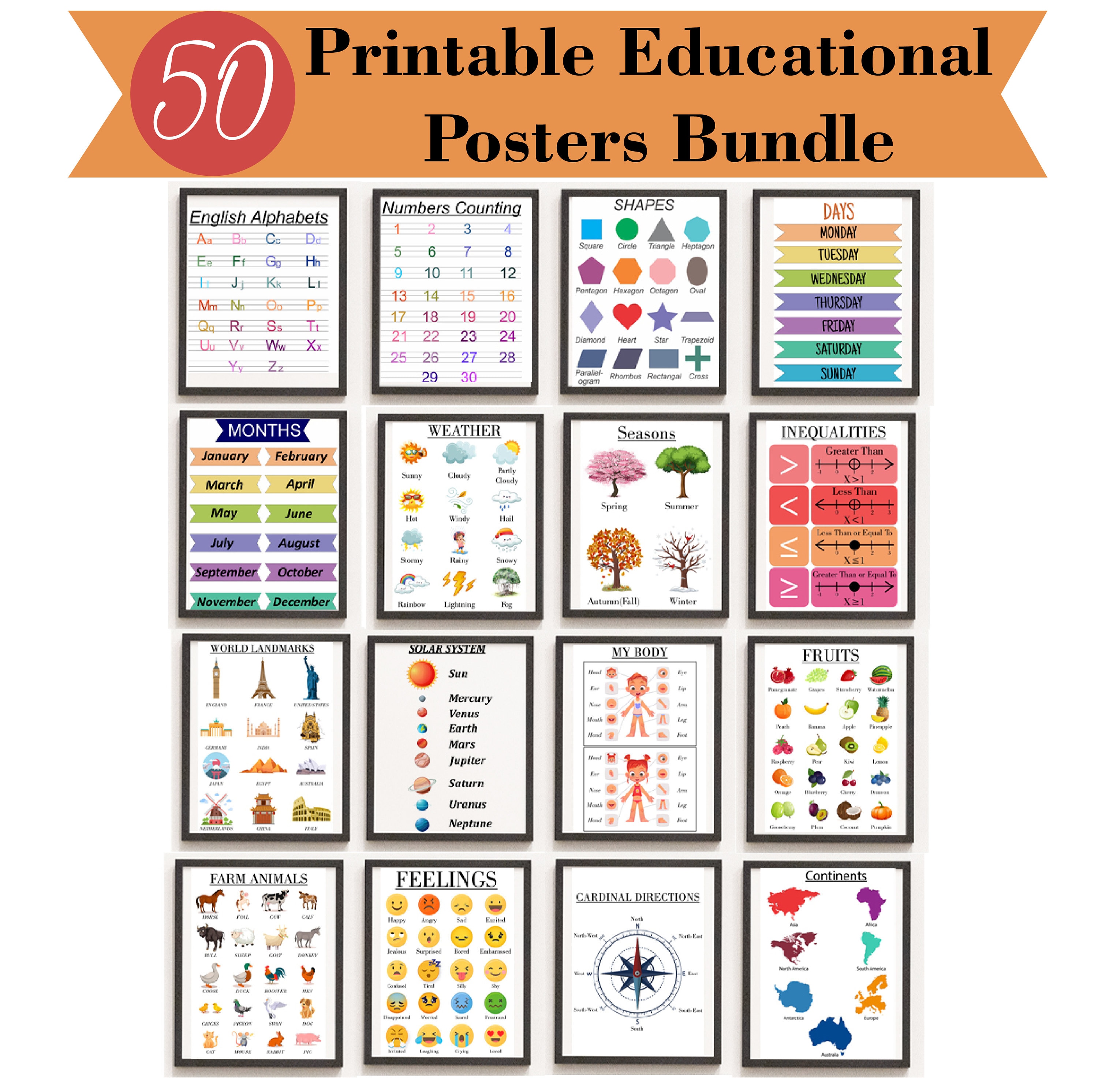Kids Posters Bundle Set of 50 Engaging Educational Prints for Children ...