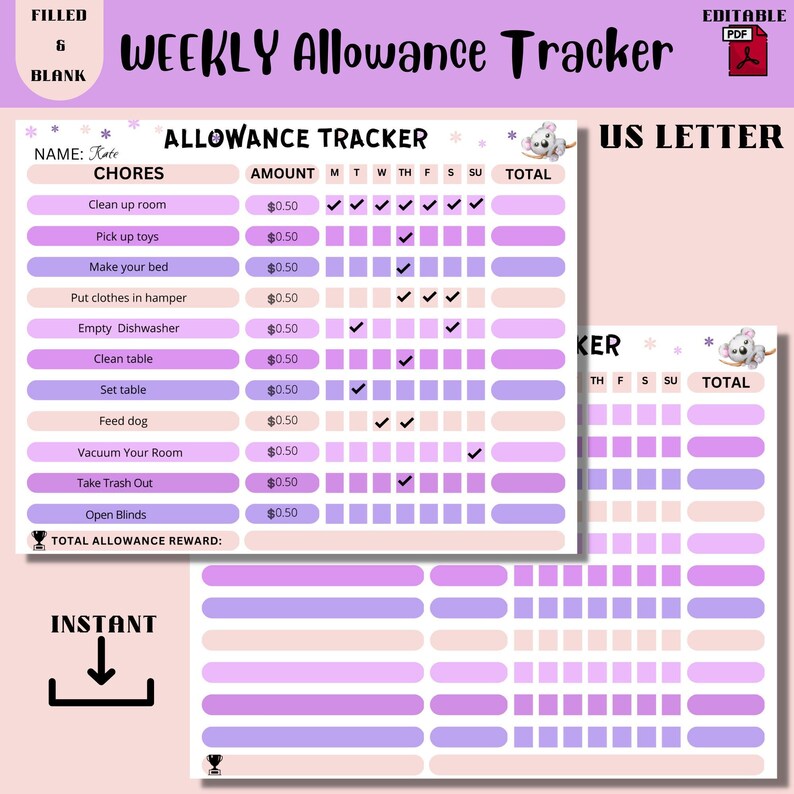 Allowance Tracker , Printable Allowance Chore Chart, Earn Money Chart ...