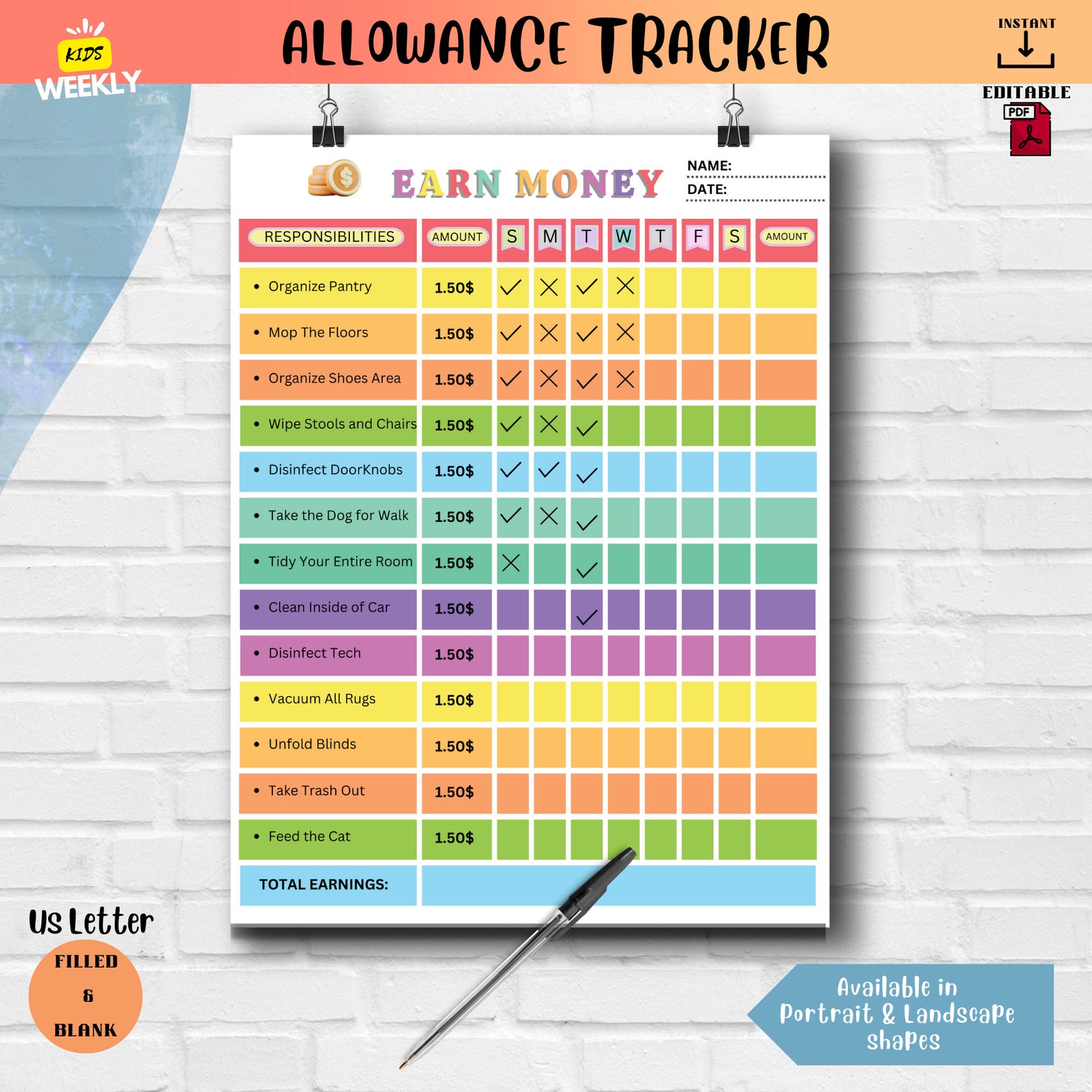 Editable Allowance Chore Chart for Kidsresponsibility Chart ...