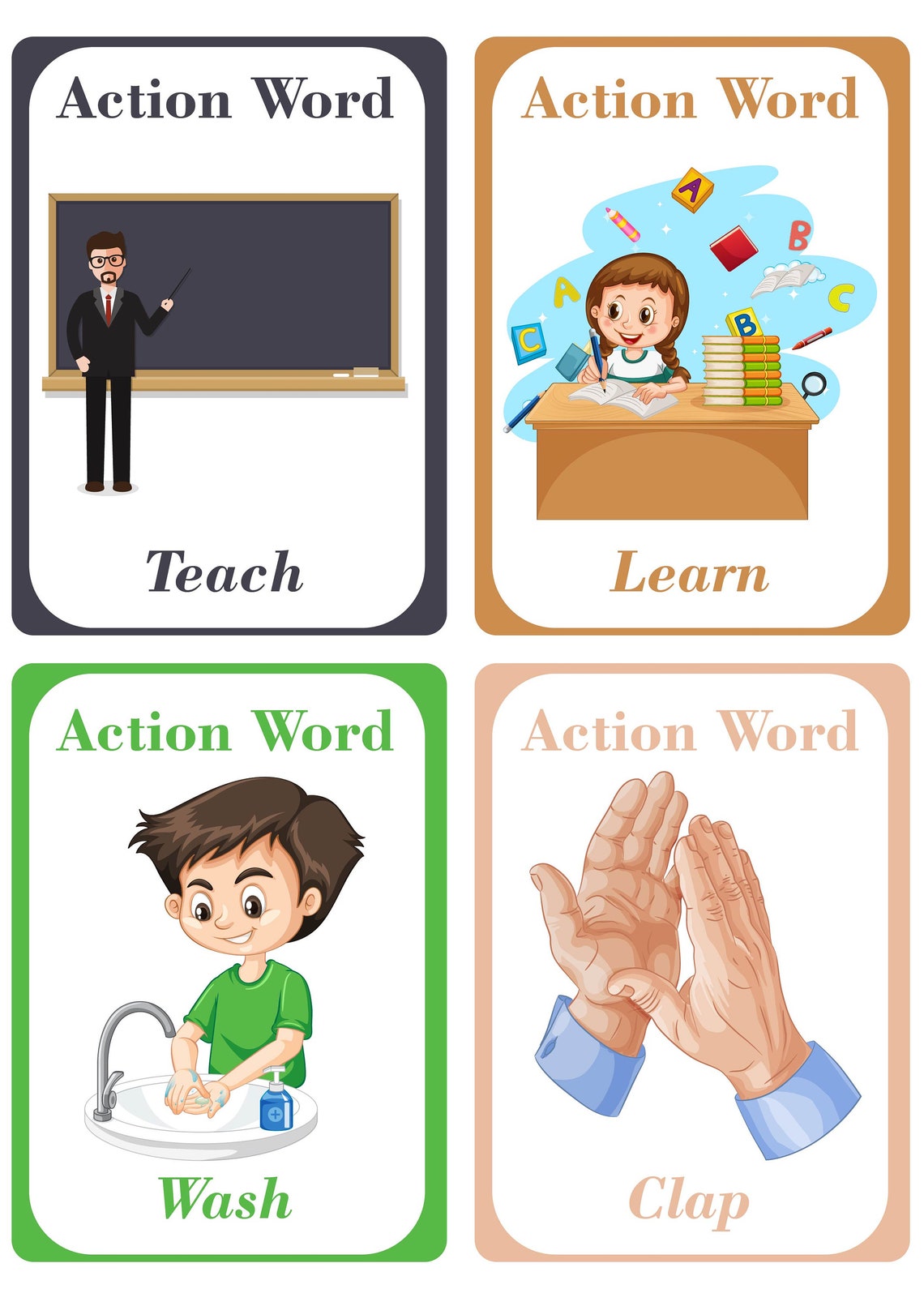 Action Verb Flash Cards – Kids Learning, Printable (JPG & PDF) - Etsy