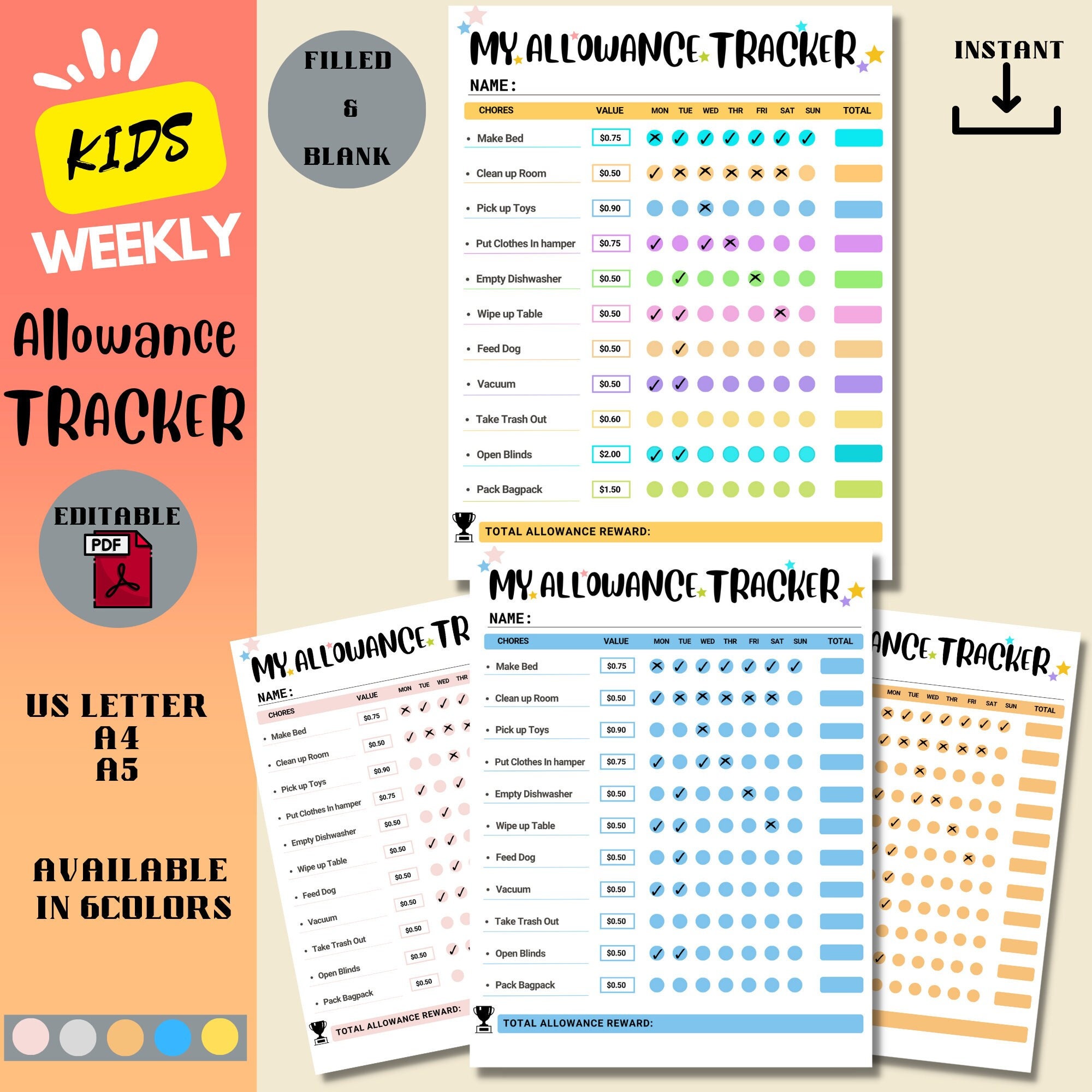 Kids Weekly Chore Chart | Allowance Tracker (printable PDF) - Etsy