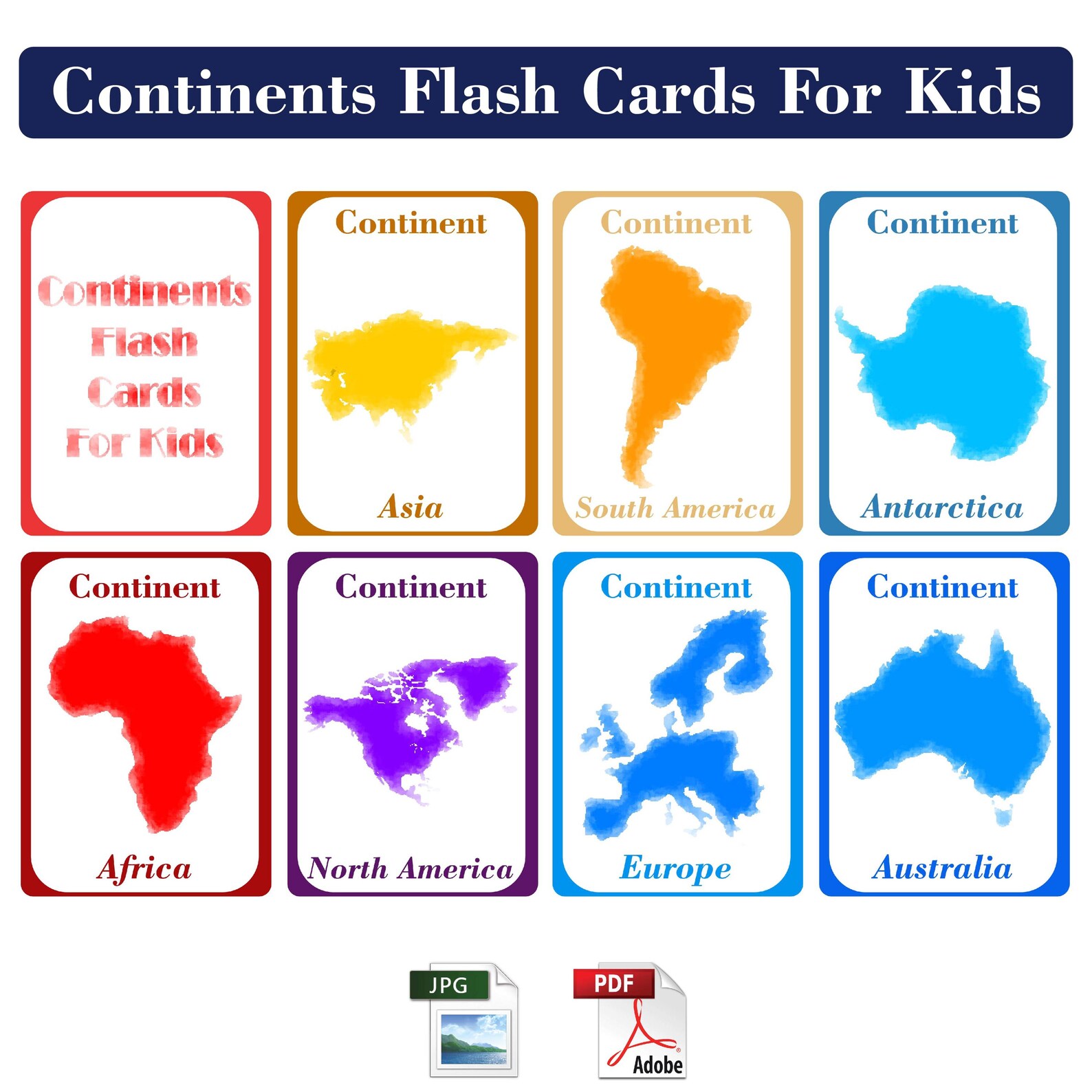 Continents Flash Cards for Kids - PDF and JPG Download - Etsy