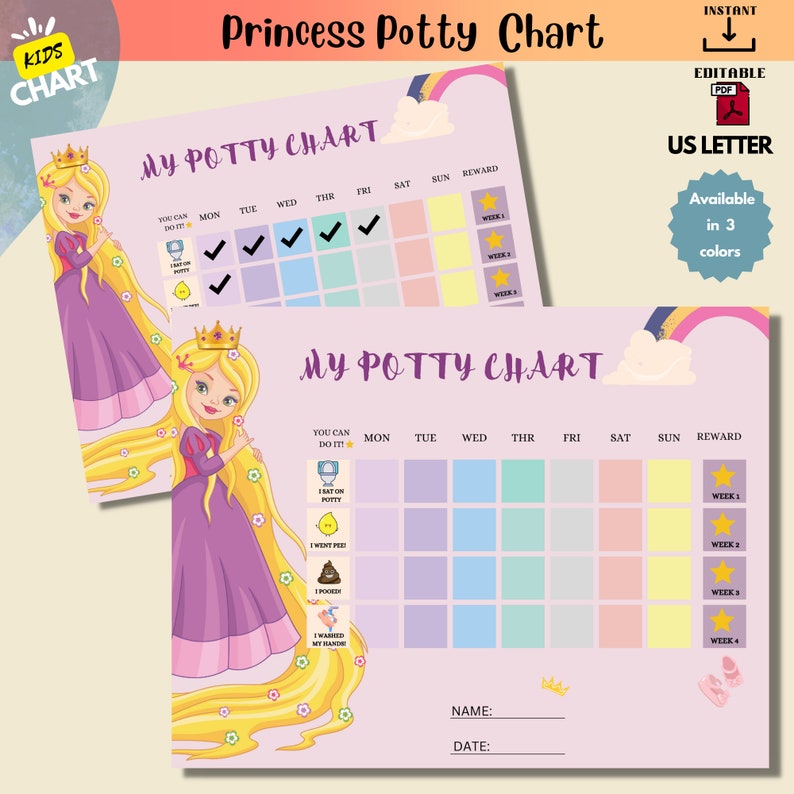 Editable Princess Potty Chartprintable Girl Potty Chartpotty Training ...
