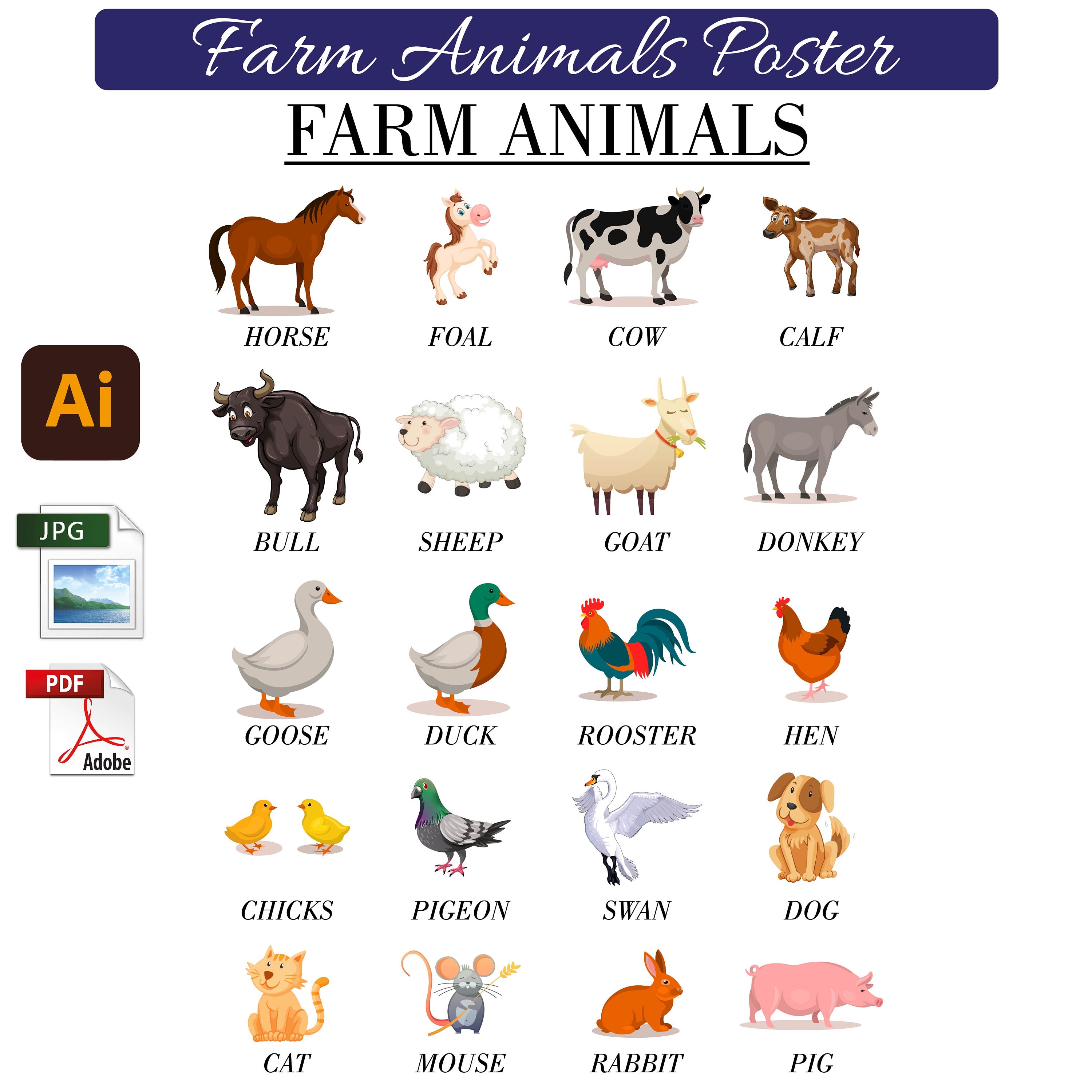 Farm Animal Kids Poster PDF Printable JPG Instant Download - Etsy