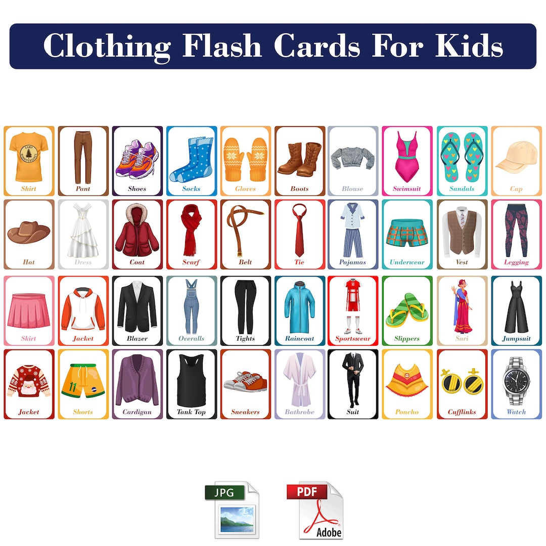 Digital Clothing Flash Cards for Kids - Learn Clothes Names PDF and JPF ...