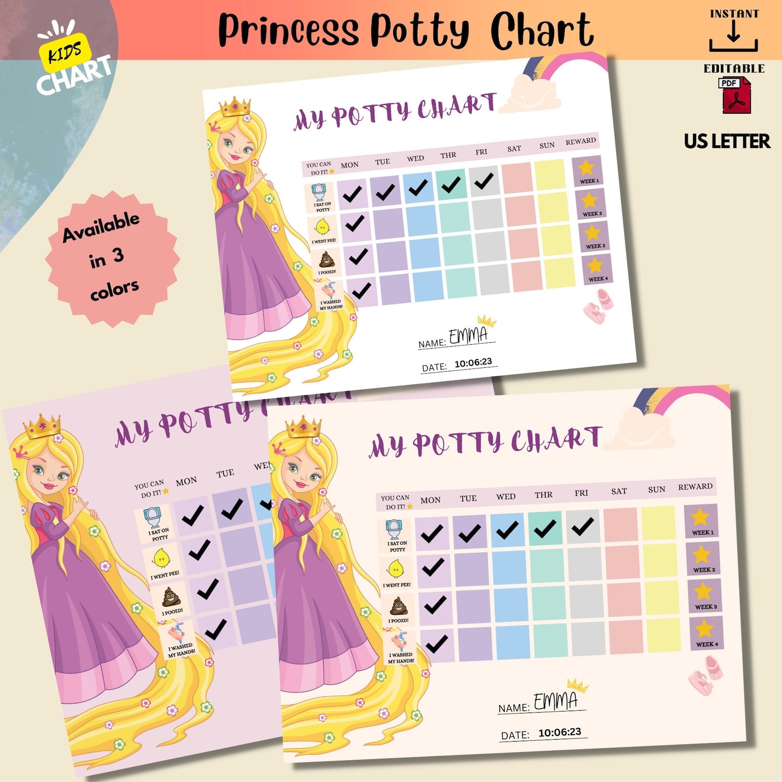 Editable Princess Potty Chart|printable Girl Potty Chart|potty Training ...