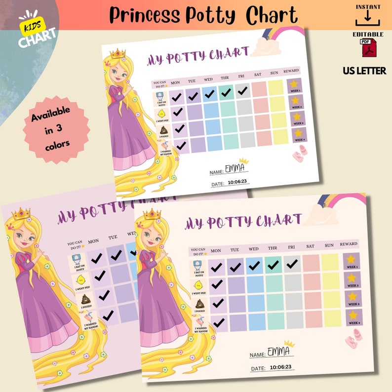 Editable Princess Potty Chartprintable Girl Potty Chartpotty Training ...